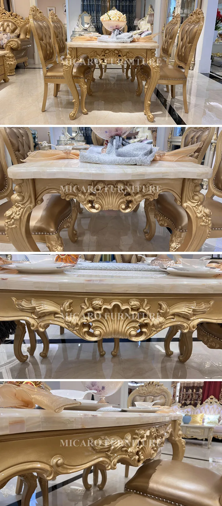 Luxury Wood Carved Arabic Dining Table with 6 Gold Chairs