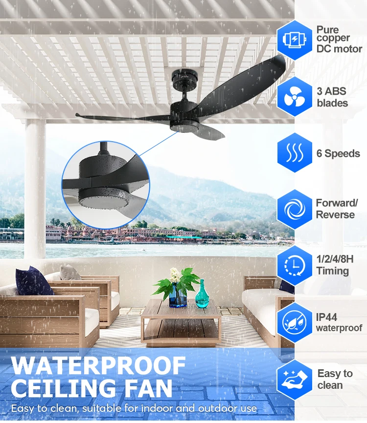 1stshine Ceiling Fan Outdoor Ip44 Waterproof Black Abs Blades Ceiling ...