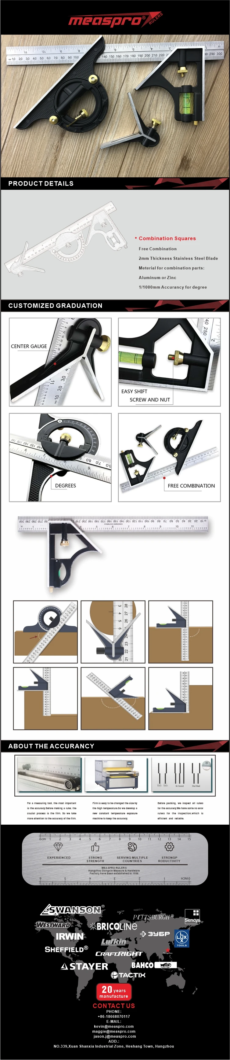 MEASPRO Multifunction 12" Adjustable Stainless Steel Combination Square ...