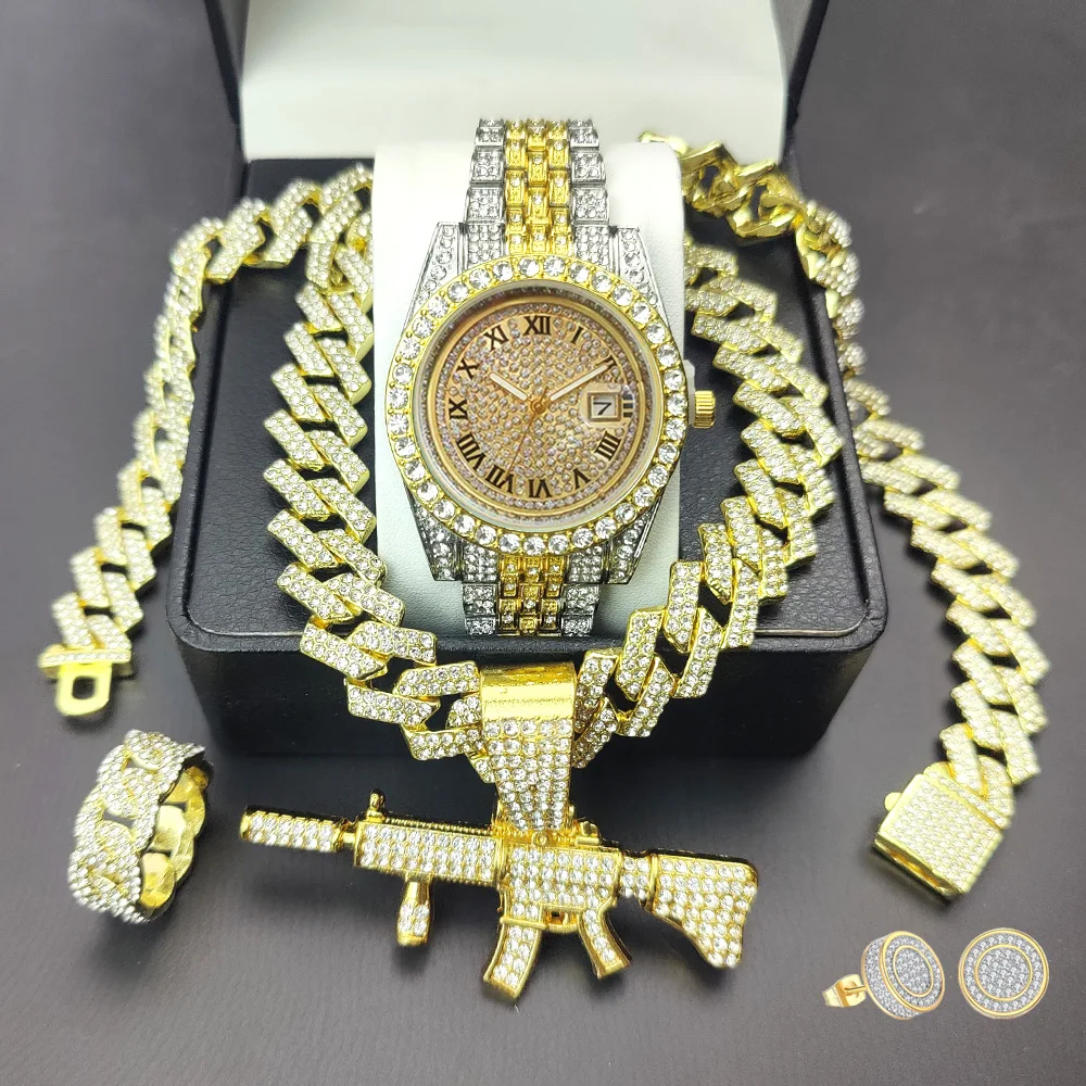 Iced Out Watches - Cuban Link Chain Bracelet Set for Men