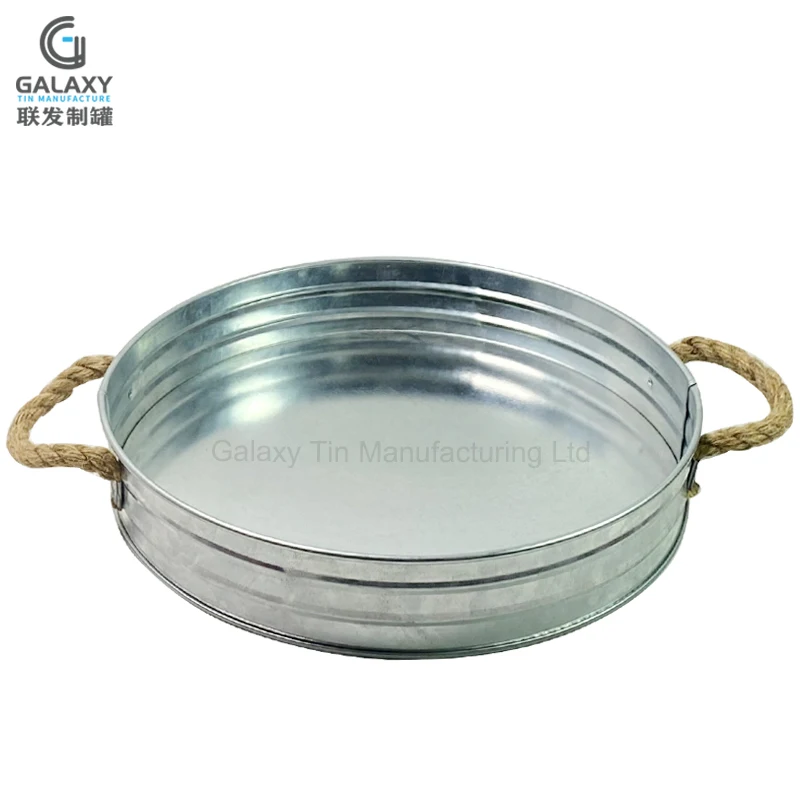 Galvanized Steel Metal Round Serving Tray With Hallow Out Handle With ...