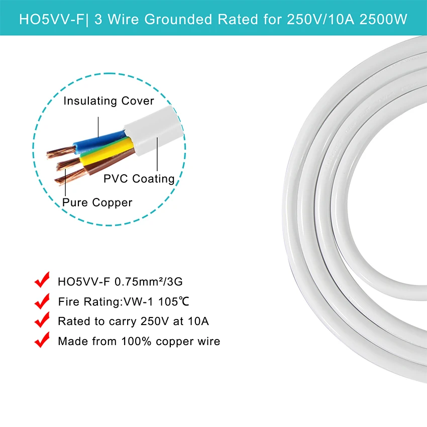 Uk Bs Approval 3pin 220v C5 Power Cord With 5a Fuse Plug 1m White Cable ...