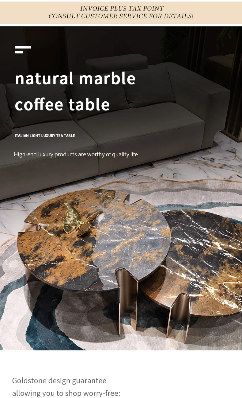 Luxury Round Gold Marble Coffee Tables with Stainless Steel Base