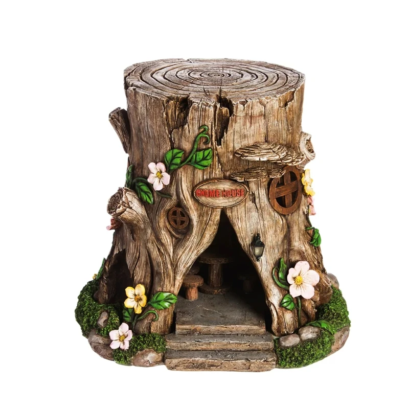 Poly Resin Solar Lighted Tree Stump Fairy Garden House Figurine ...