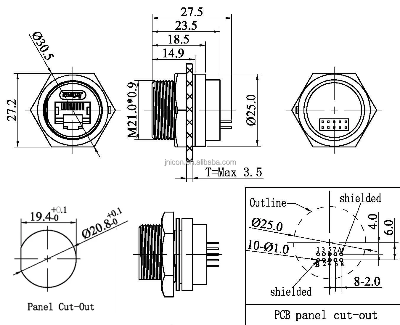 Jnicon IP67 ip68 M19防水RJ45连接器，带以太网电缆| Alibaba.com