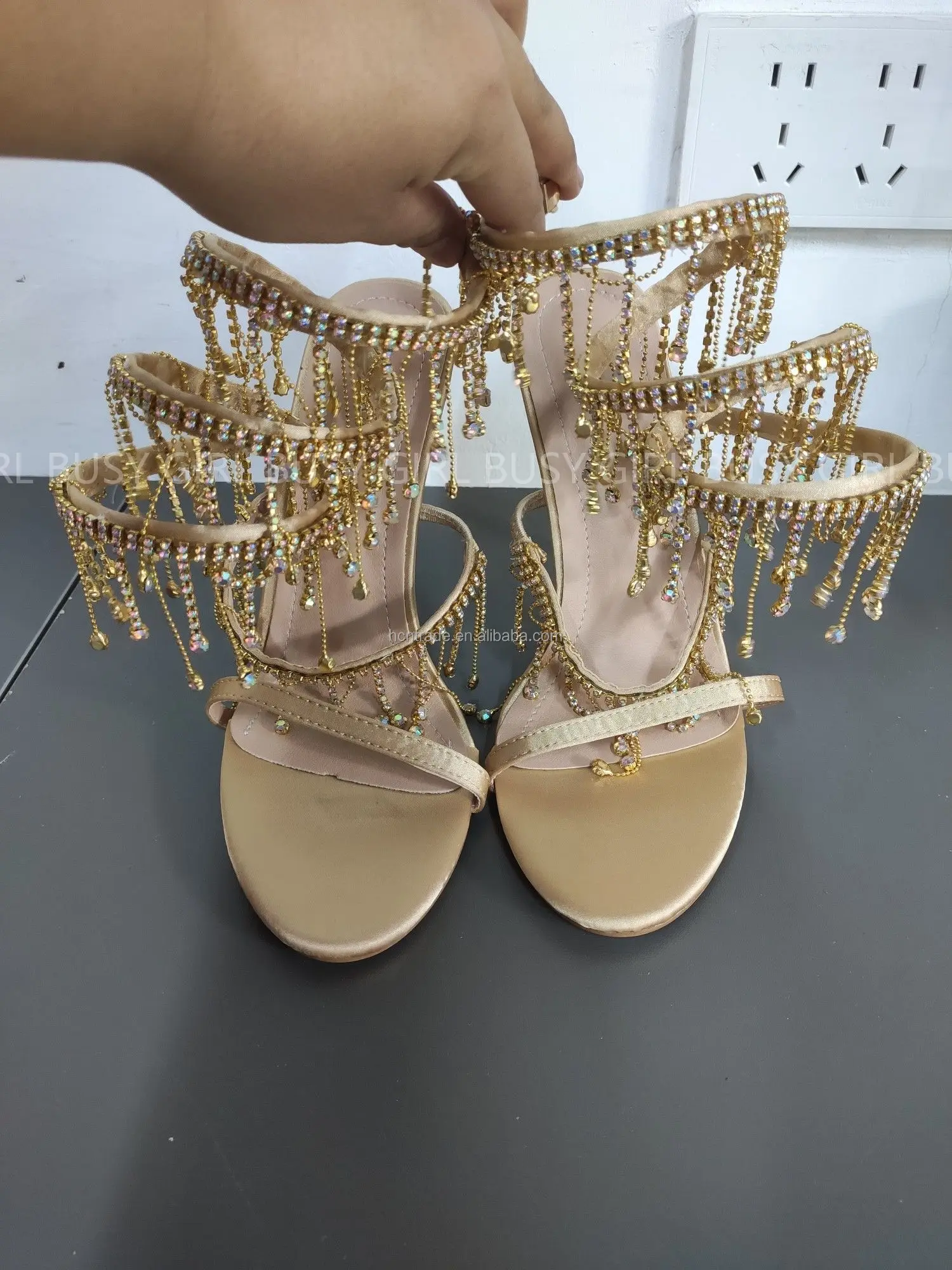 Busy Girl XSD4841 Gold Ankle Coil Round Embellished Heels