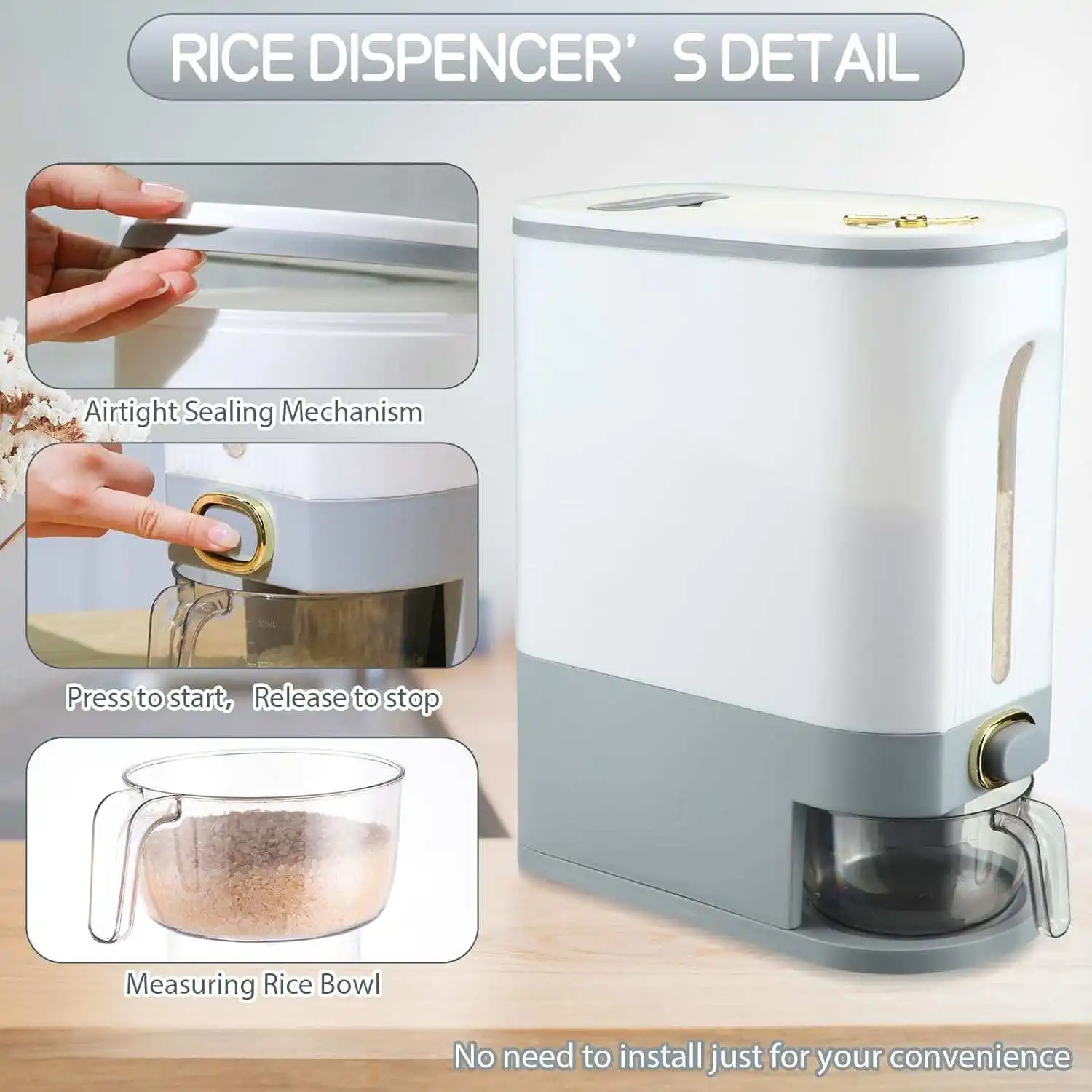 22 Lbs Plastic Rice Dispenser Storage Container Classic Rectangle ...