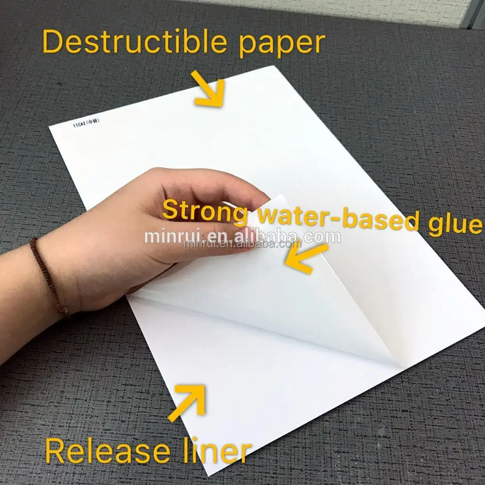 Shenzhen Minrui A4 Size White Destructible Eggshell Sticker Paper