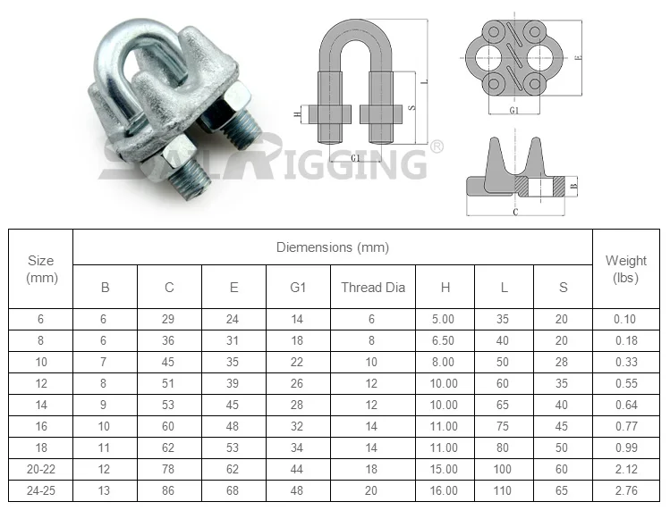 Hot Dip Galvanized Rigging Hardware - Durable Wire Rope Clamps