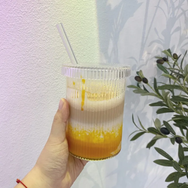 375ml Transparent Bubble Tea Cup Simple Ribbed Vertical Stripes Glass ...