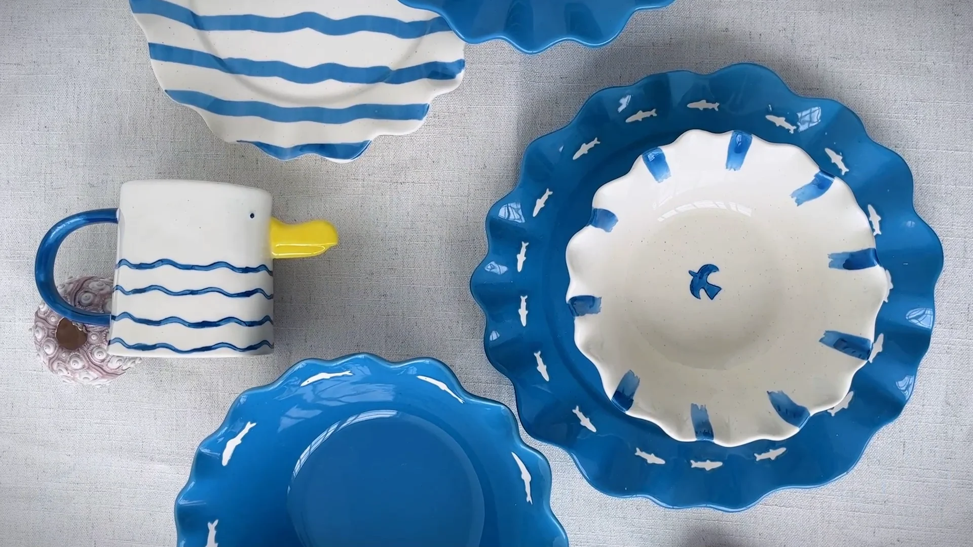 Joyye Summer Blue Dinnerware Set Handpainted Wavy Lines Flower Shaped ...