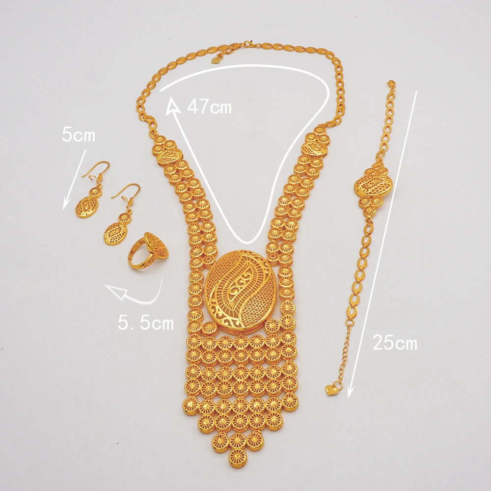 24k Gold Plated Dubai Bride Jewelry Set Necklace Earring Ring Bracelet ...