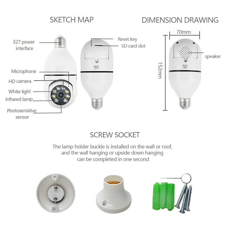 E27 Night Vision Wireless Light Bulb Camera - 360 CCTV