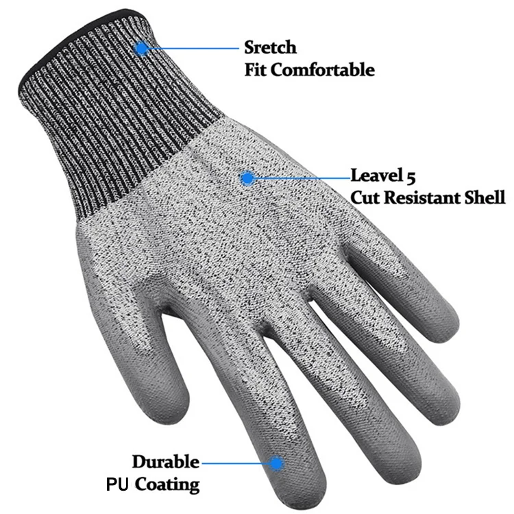 ANSI A5 A7 Cut Resistant PU Coated CE Certified Gloves