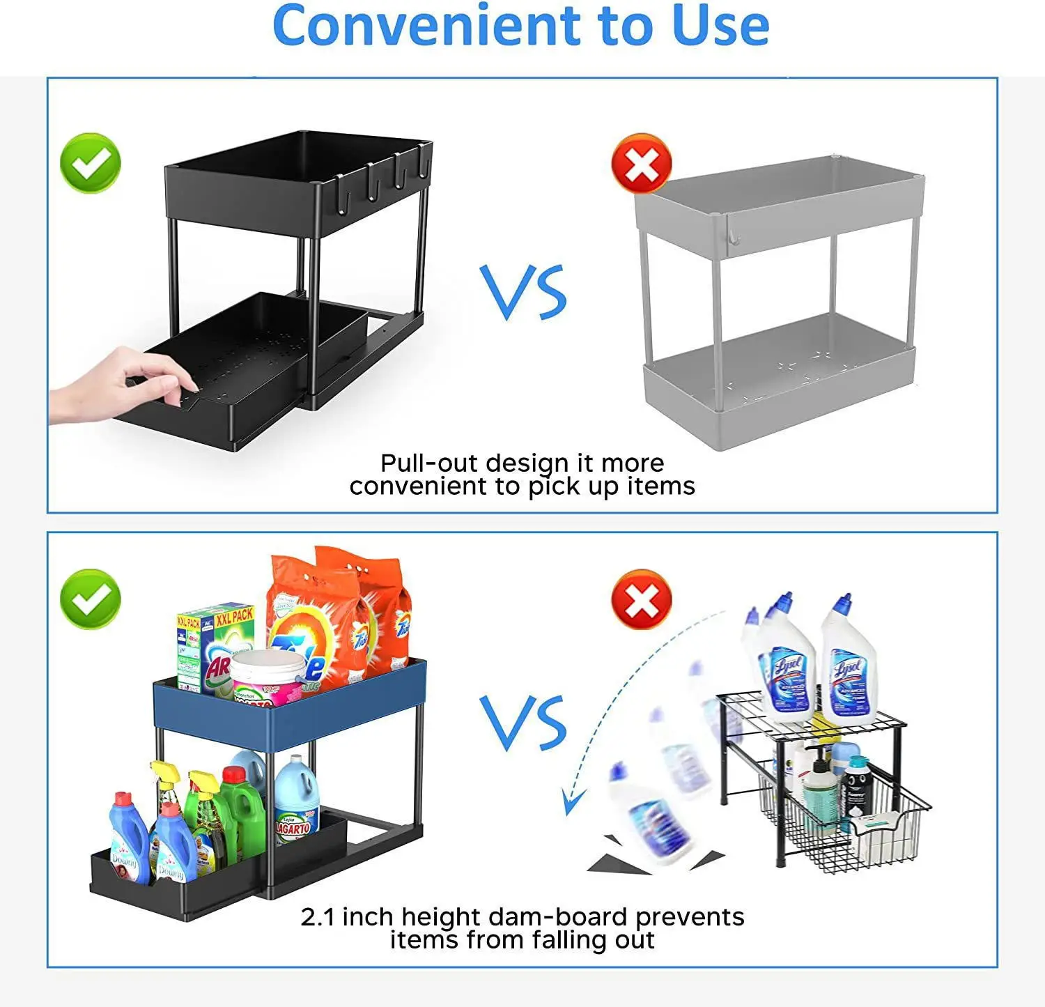 2 Tier Pull Out Plastic Slide Shelf - Black & Retractable