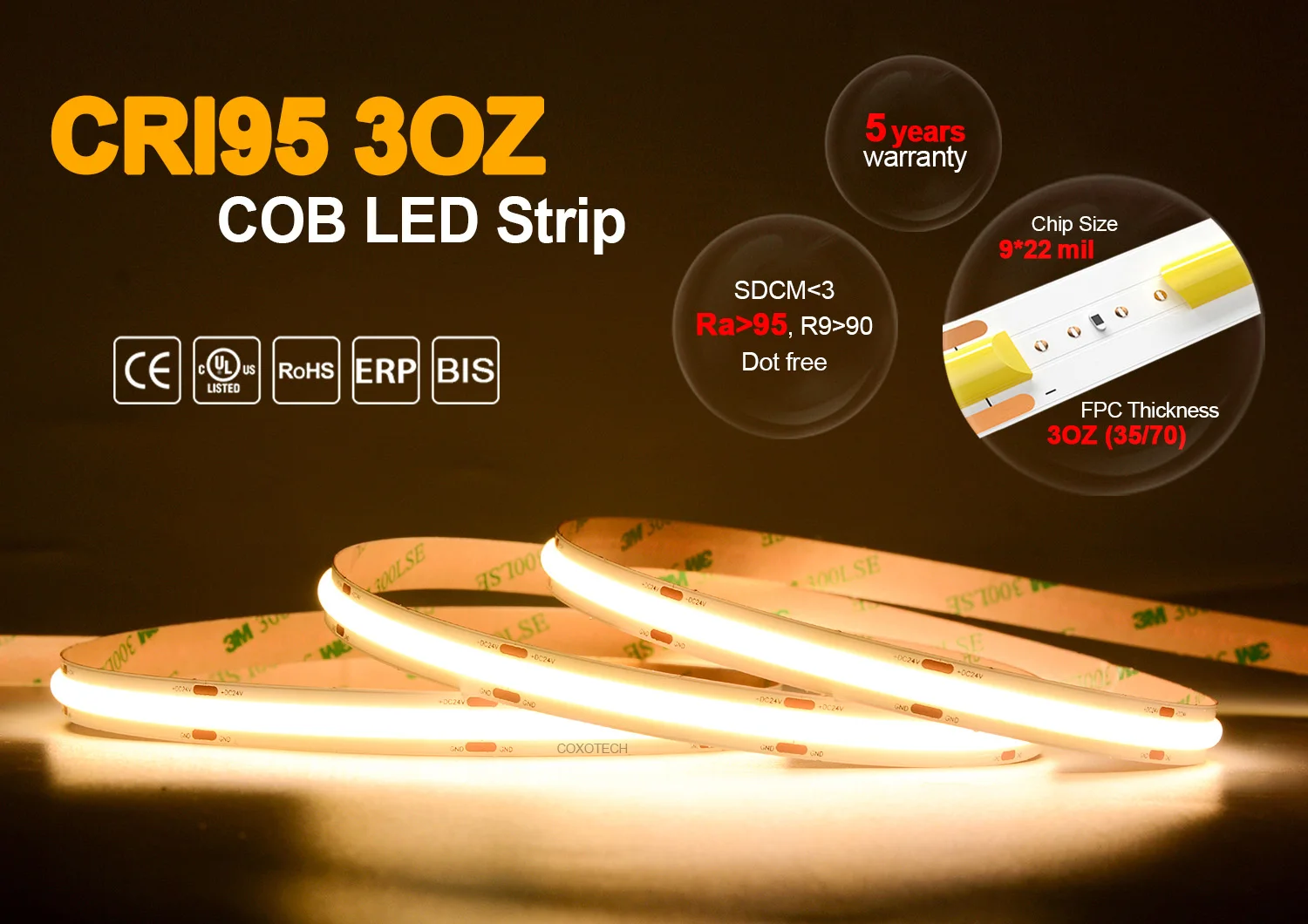 COXO Ra>95 Cob Led Strip - High Brightness & 5-Year Warranty