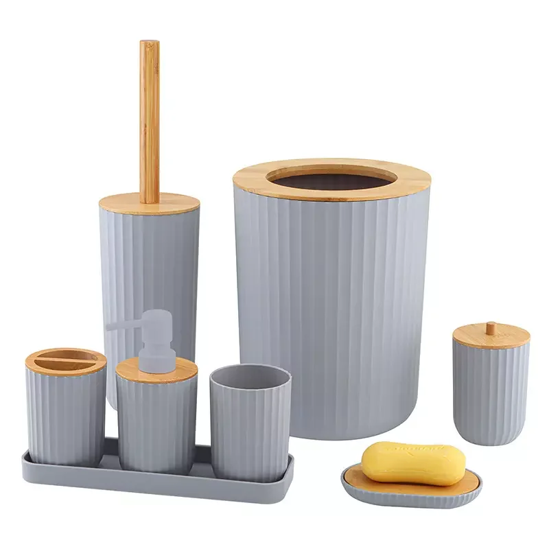 Modern Matt Finish Bathroom Accessories Plastic And Bamboo 7 Pcs ...