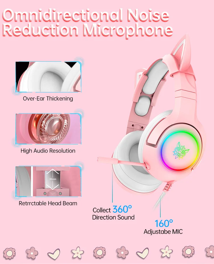ONIKUMA K9 Gaming Headset - Pink Kitty Earphones with 7.1 Stereo