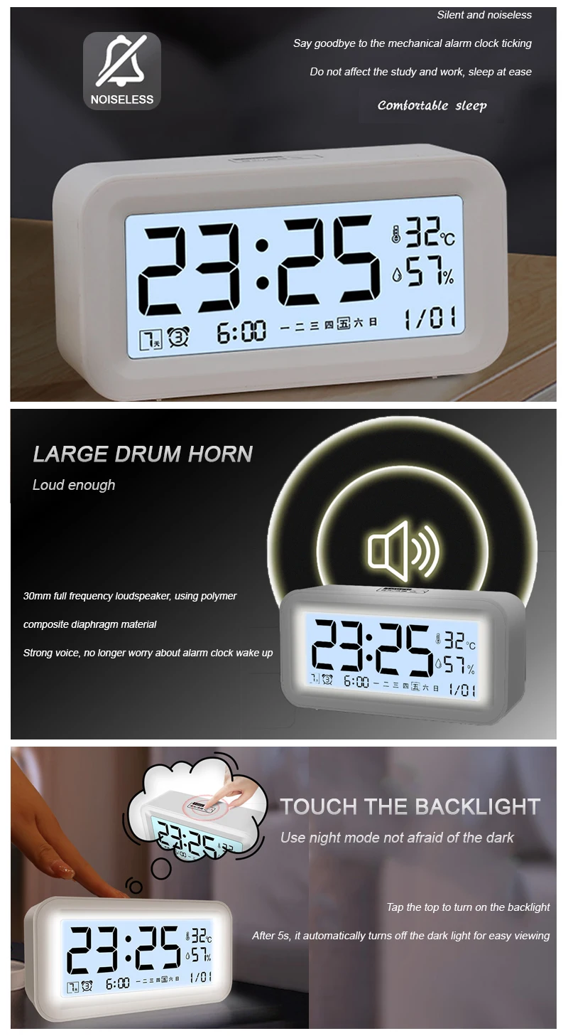 Veinasa-HT-3W Hygrometer Digital Smart Alarm Clocks for Kids Students ...