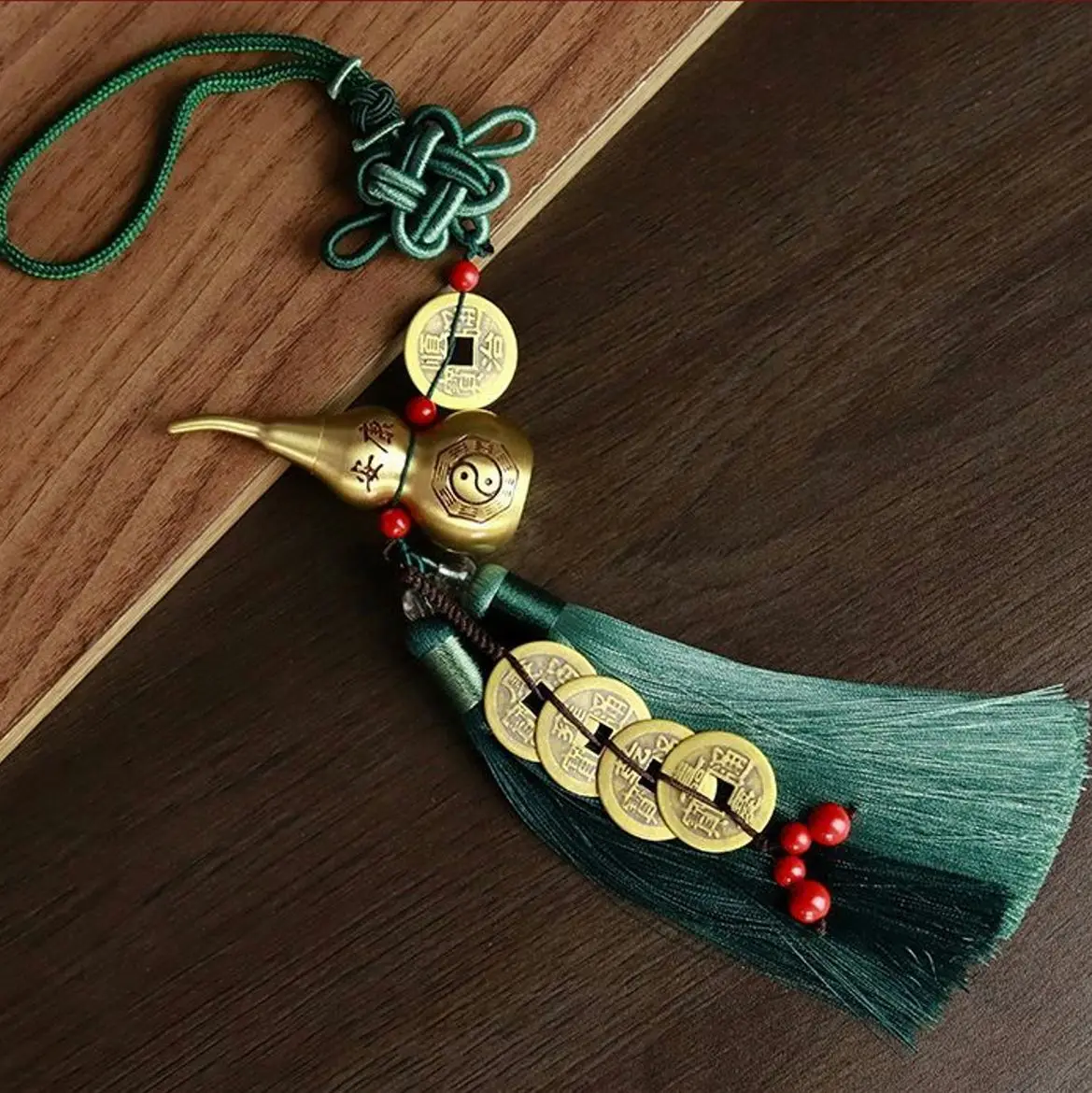 Bagua Copper Gourd Five Emperor Coins Chinese Knot Pendant