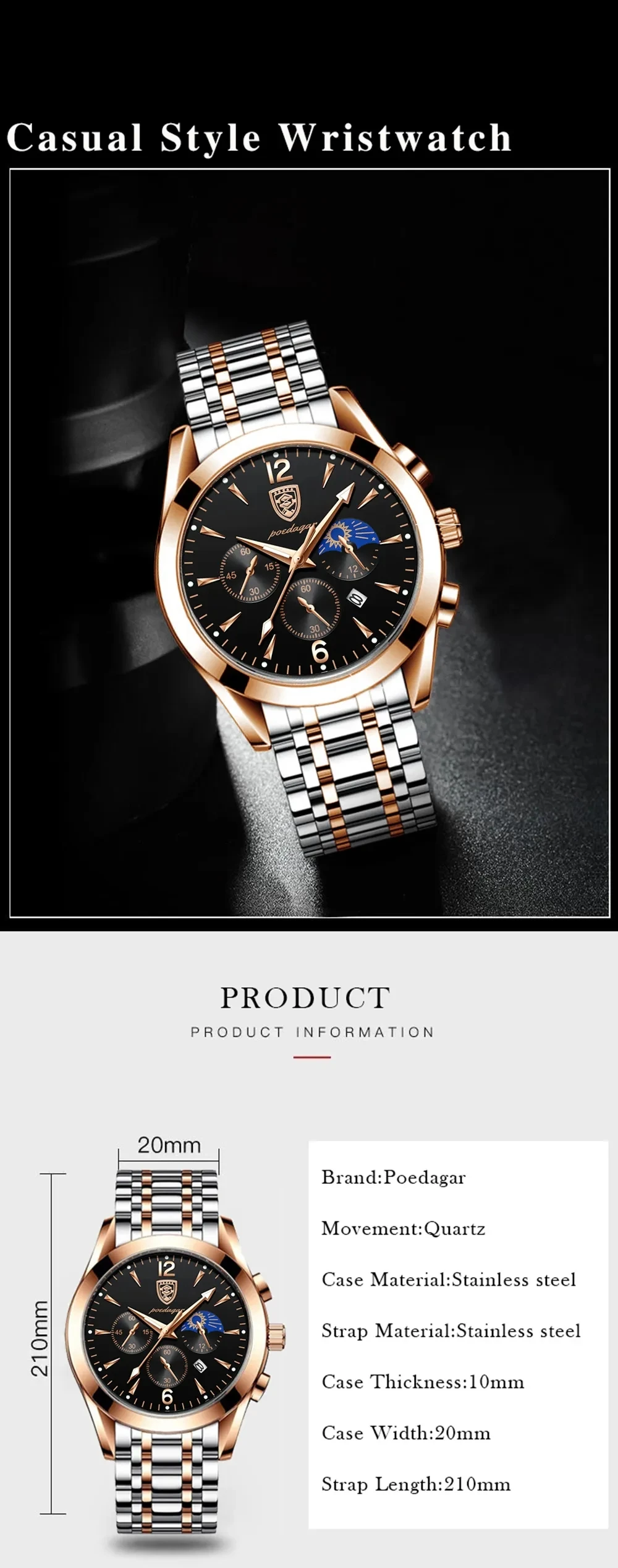 POEDAGAR Men's Luxury Luminous Quartz Watch - Waterproof Stainless ...
