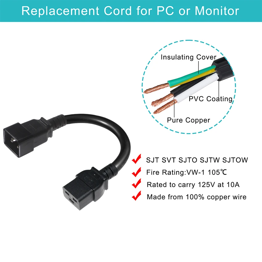 C19 C20 Power Connector Extension Wire Heavy Duty C19 to C20 Power Cord ...