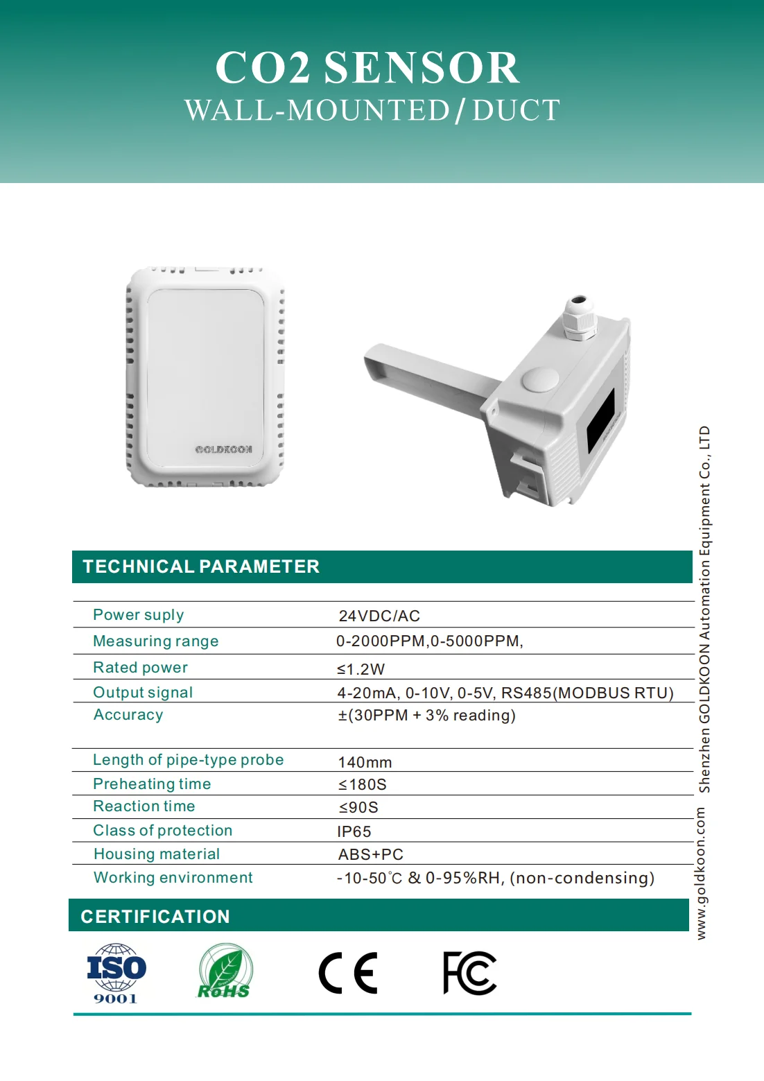 High Precision Duct Mounted CO2 Transmitter with 4-20mA/0-10V/RS485 ...