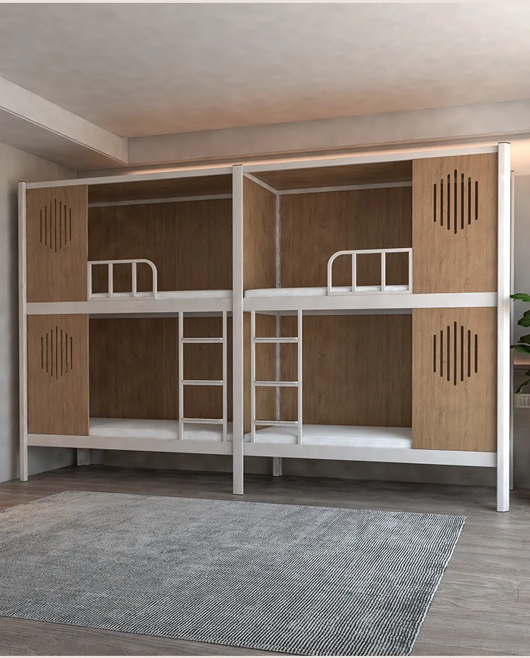 Steel Single Double Decker Bed With Curtain And Bottom Cabinet Wooden ...