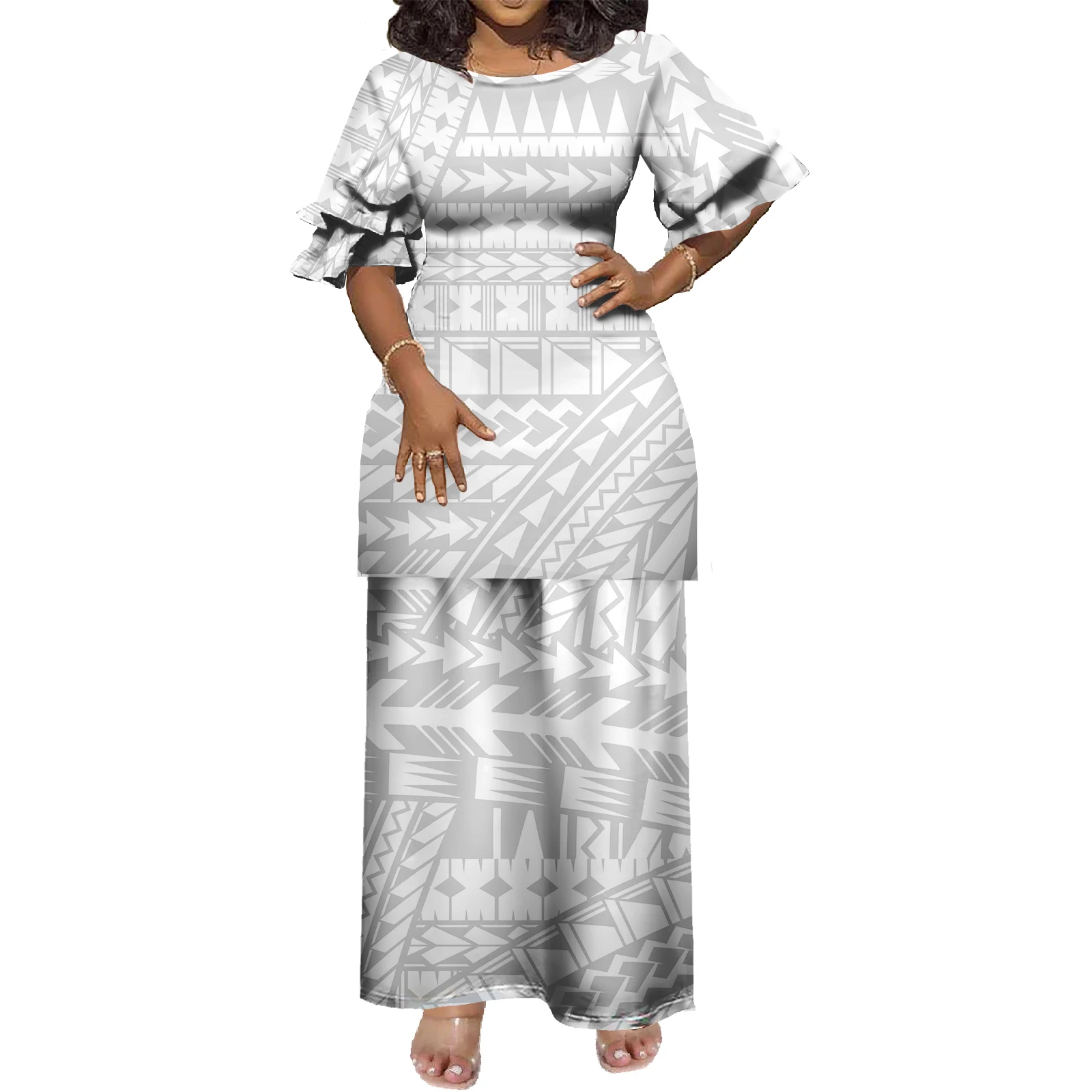 Samoa Puletasi Polynesian Tribal Print White Custom Ladies Plus Size Women's Sets Church Dress ...