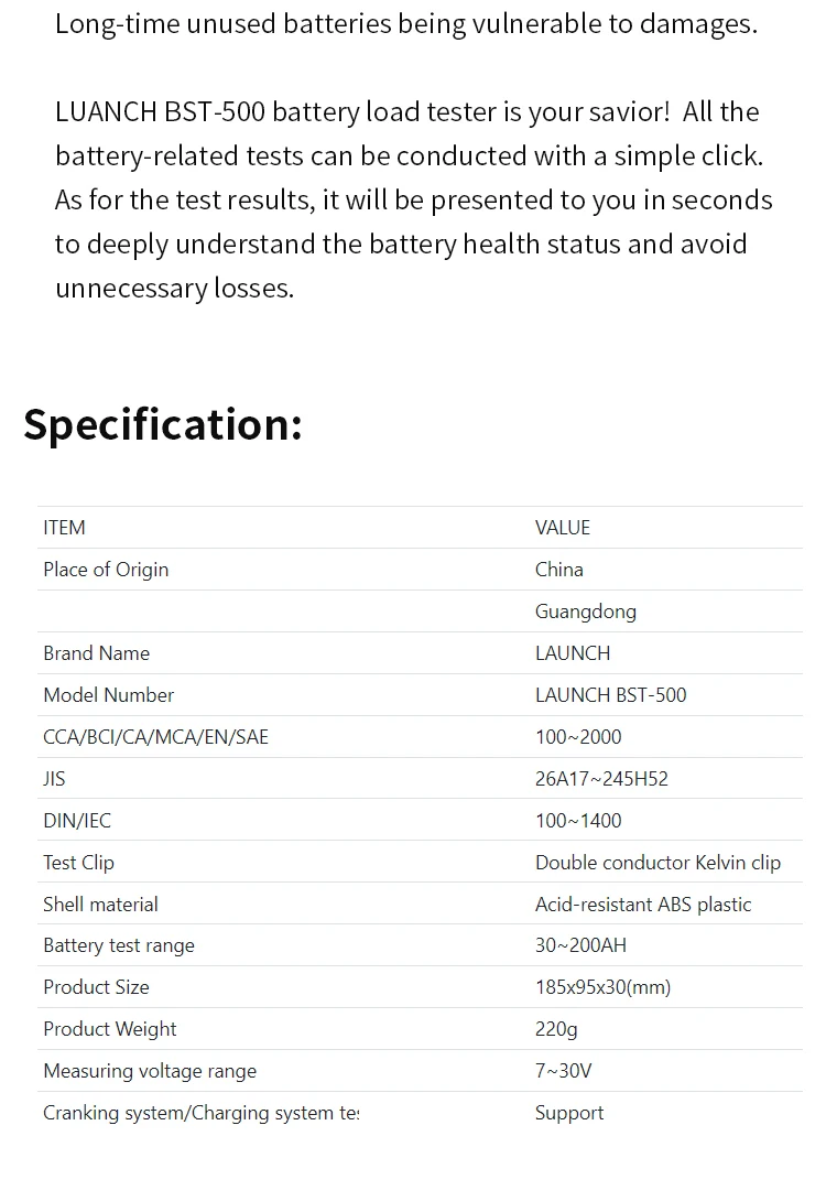 Professional Launch Bst-500 Bst500 Cranking And Charging System Test 6v ...