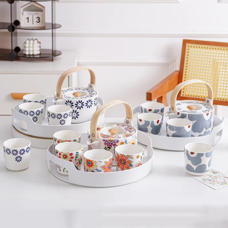 Modern Floral Teapot With Infuser And Tea Cup Set Ceramic Tea Set With ...