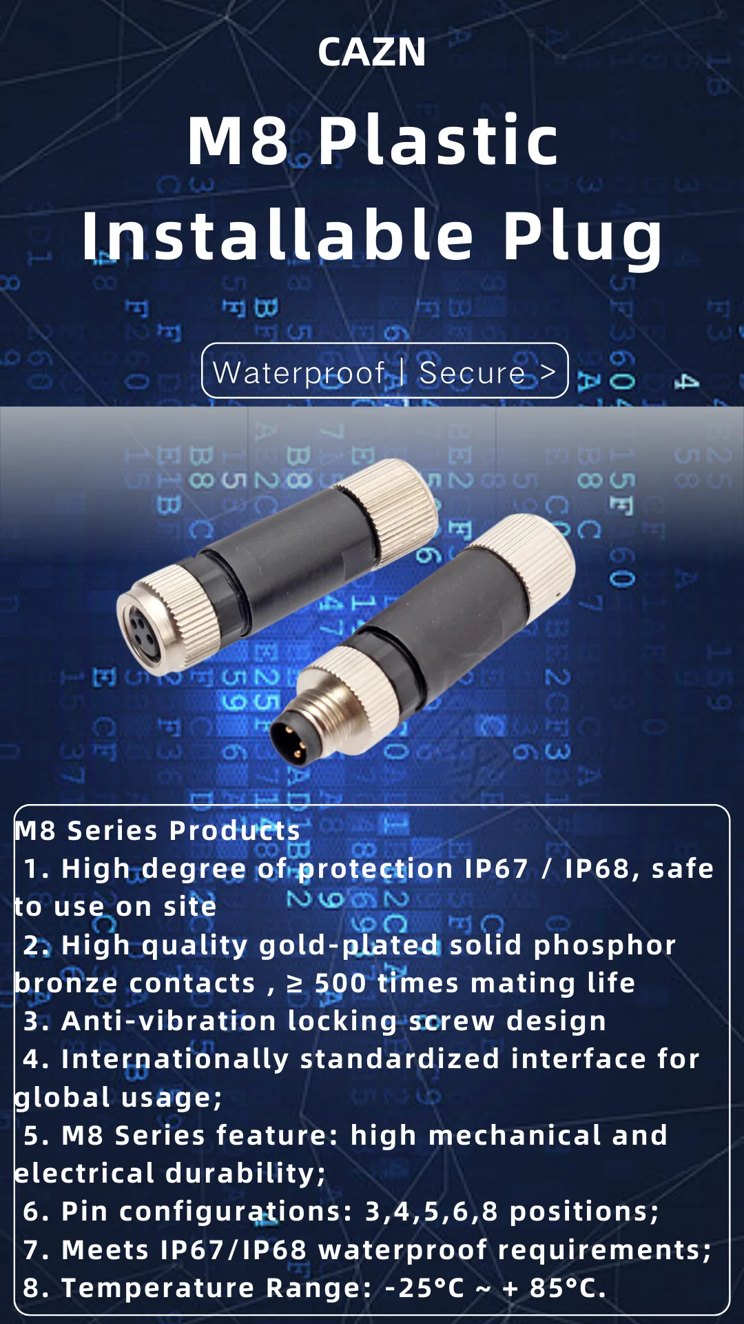 M8 Plastic Field Assembly Connector Waterproof Circular Industrial Male ...