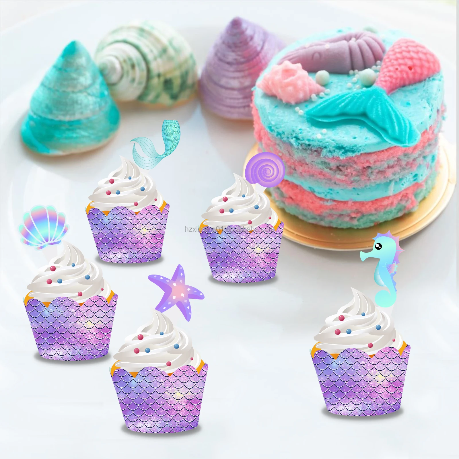 Wb068 Purple Mermaid Cupcake Toppers Wrappers 20 Pcs Custom Paper Cake ...
