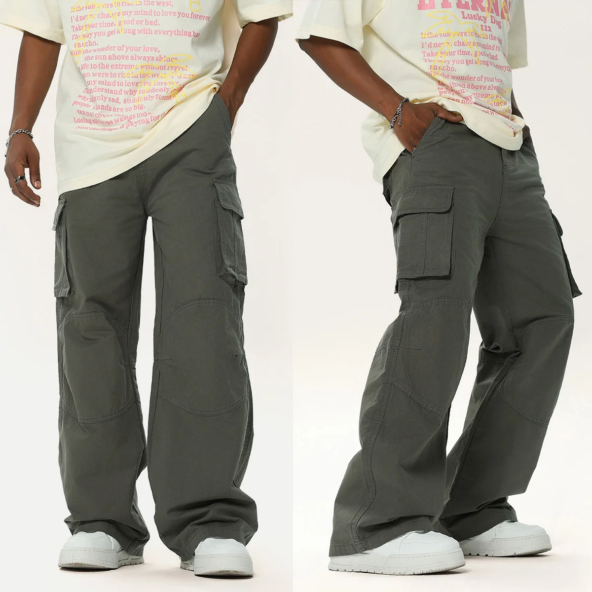 Men's Canvas Sweatpants Wide Leg Big Pocket Cargo Pants Anti-Wrinkle ...