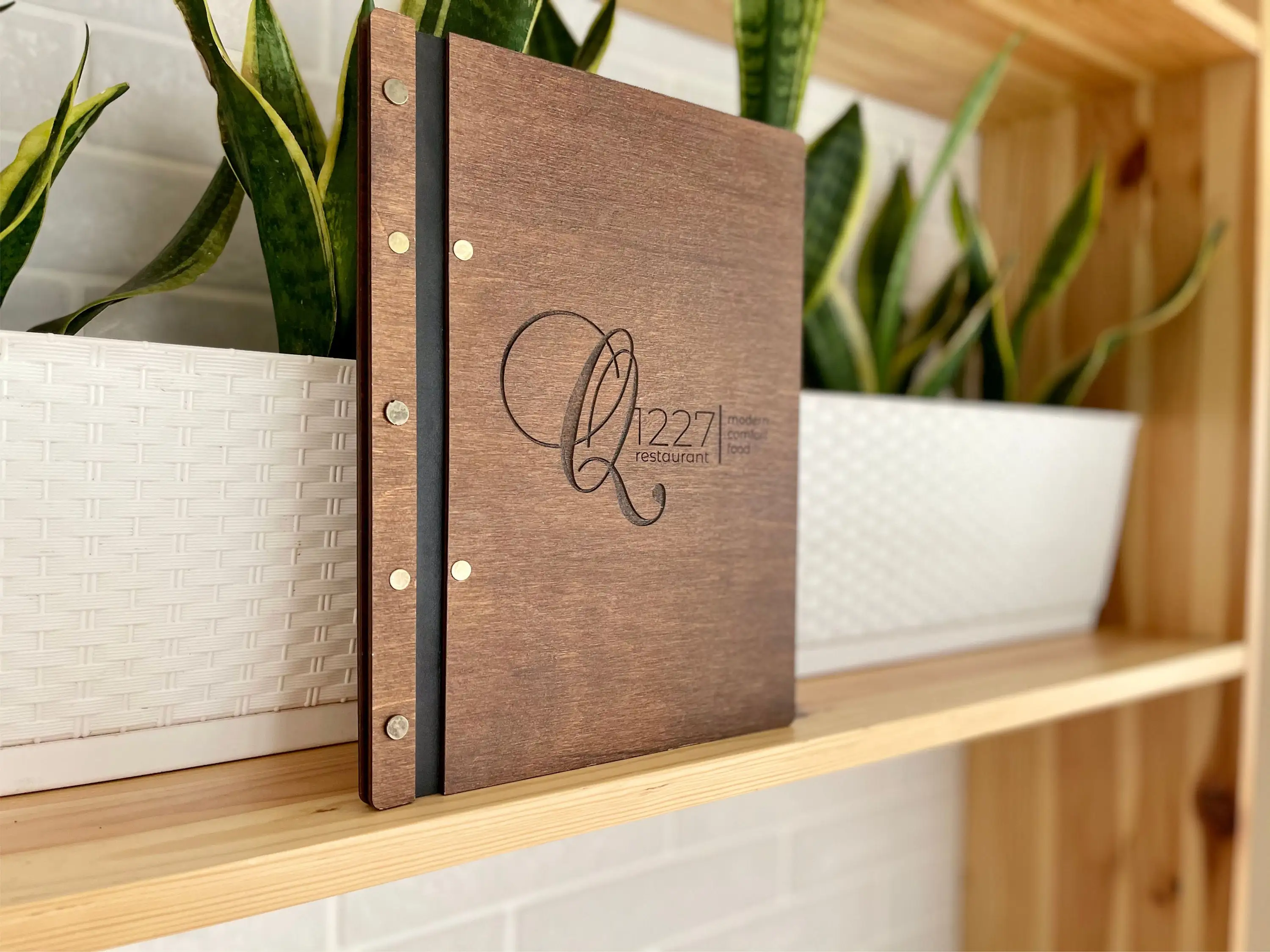 Customized Luxury Leather Strap Bamboo Notebook Menu Folder