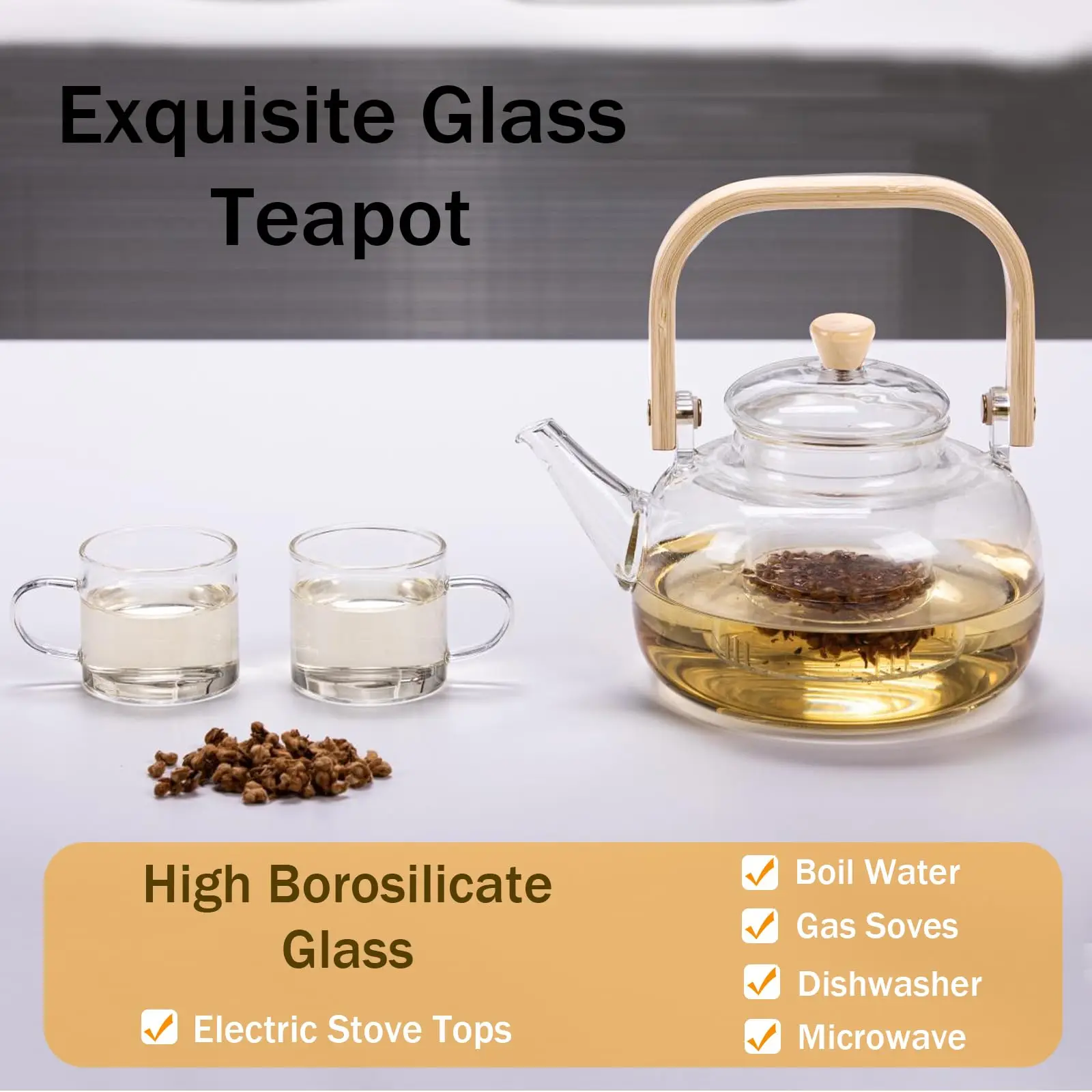 1000ml 34oz Stovetop Safe Glass Teapot With Glass Infuser And Bamboo ...