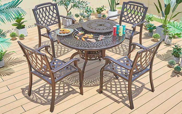 Luxury Outdoor Stackable BBQ Grill Round Table Charcoal Patio Cast Aluminum Dining Table Set 4 ...