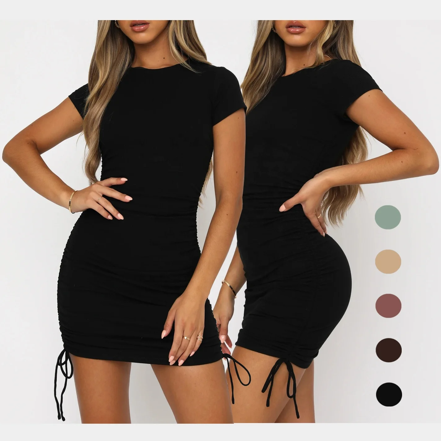 Ruched Ribbed Bodycon Mini Dress Side Drawstring Clubwear Casual ...