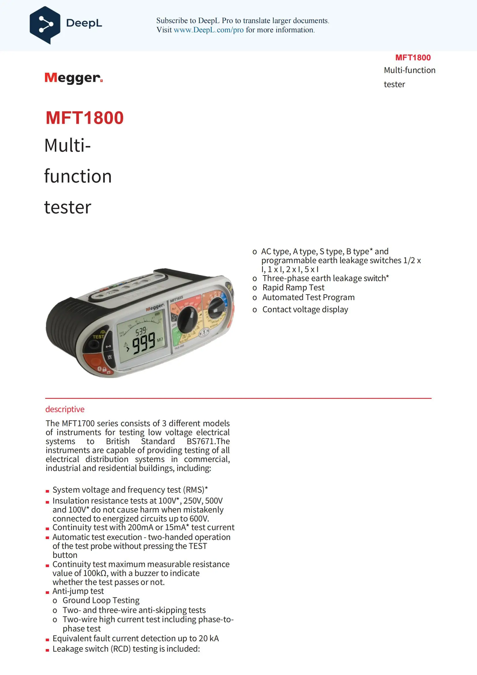 Megger MFT1835 - Versatile Multifunction Tester for 3 Phase
