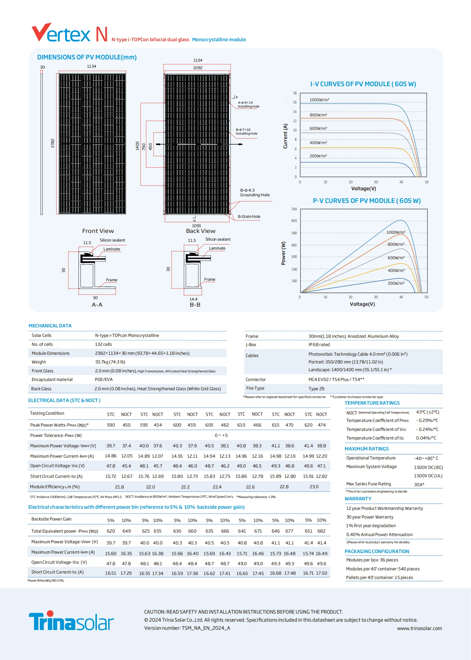 Usa Warehouse N Type Vertex Trina 590w 595w 600w 605w 610w 615w 620w Dual Glass Bifacial Pv ...