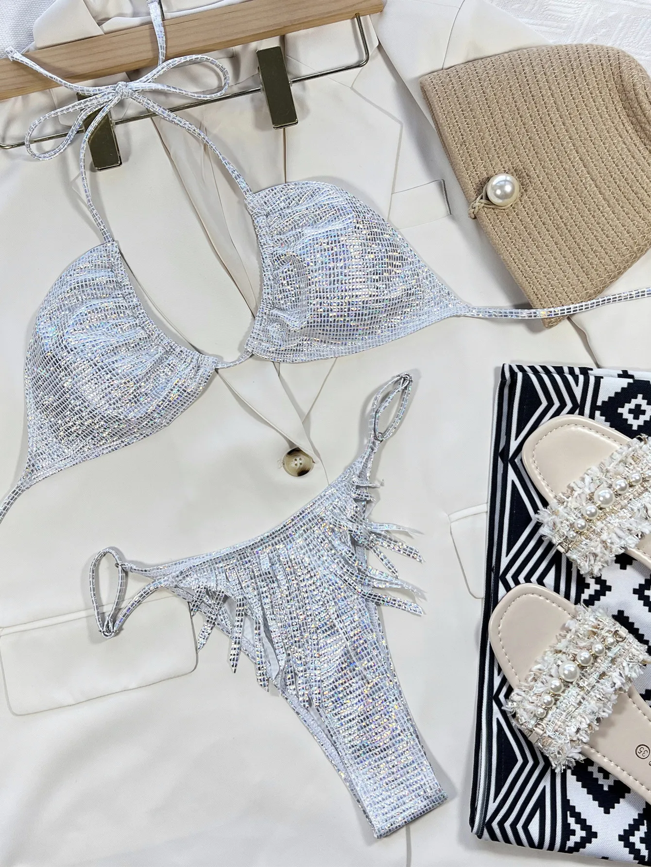 Luxury Flash Material Bikini Set Tassel Design Custom Bathing Suits for ...