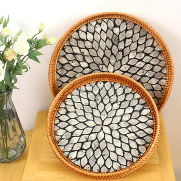 Unique Exotic Handmade Pearl Round Rattan Woven Snack Tray Creative ...