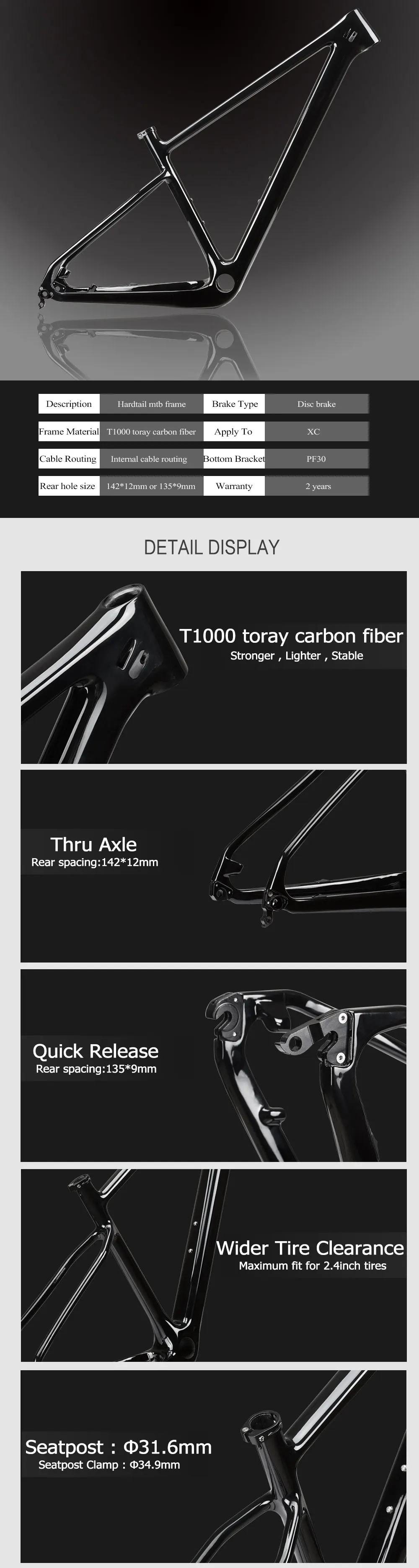 Toray T1000 Carbon Hardtail MTB Frame - 29er XC Carbon Mtb