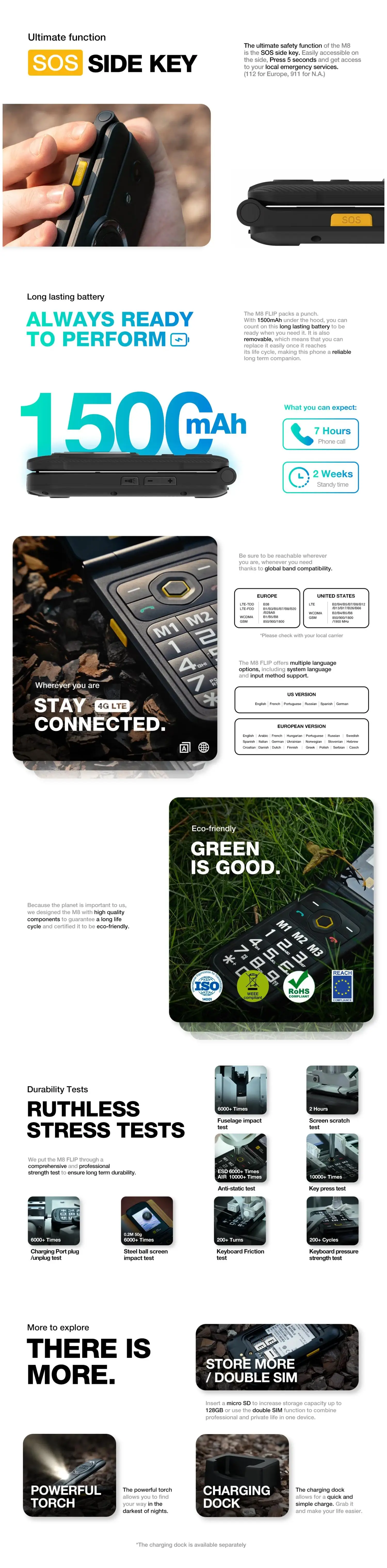 Agm M8 Flip Mobile Phone Elderly Feature Phone Sos Quick Call English ...