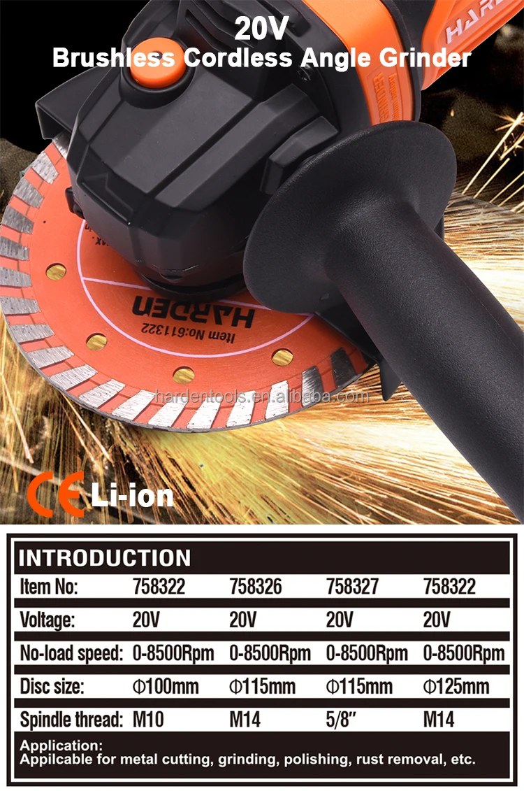 HARDEN 20V Brushless Cordless Angle Grinder - 100MM, 115MM, 125MM