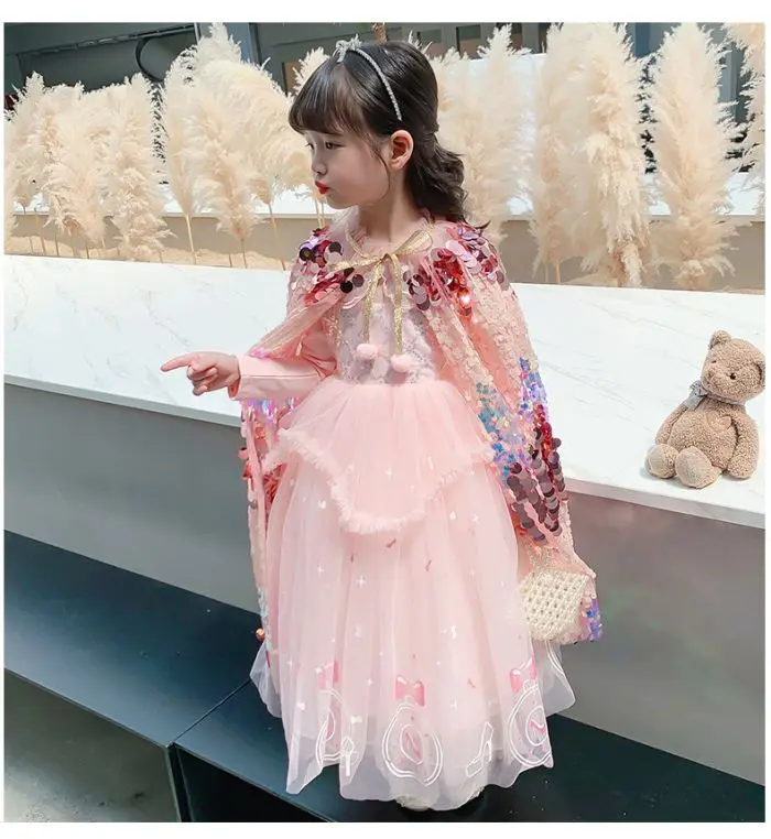 Girls Blue Pink Snow Queen Princess Cape Cloak - Party Prop