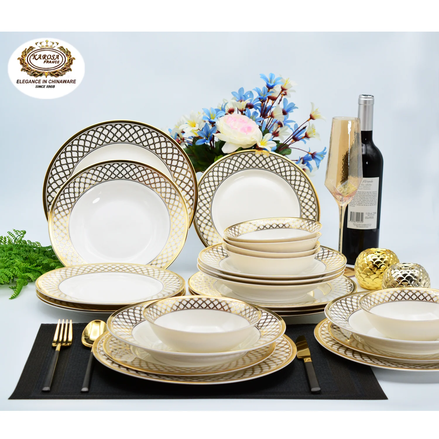24pcs England Western Style Luxury Gold Rim Dinner Plated Set