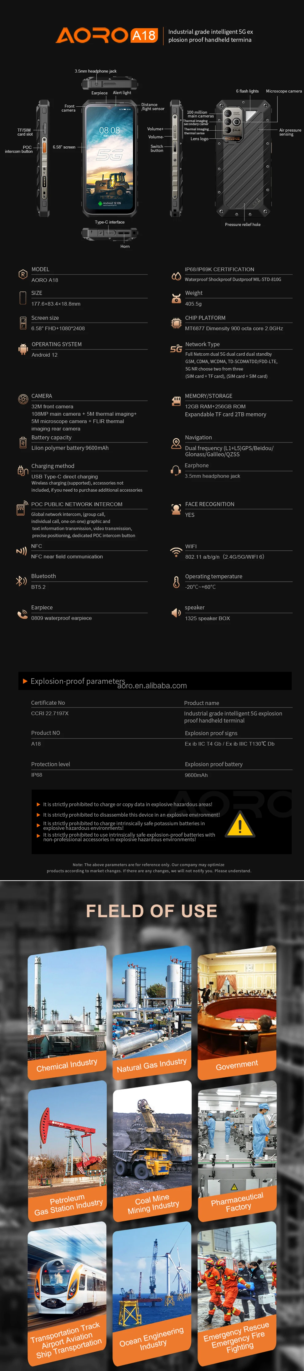 Aoro A18 Rugged Atex Smartphone - Fingerprint, Encrypted Cell Phone ...