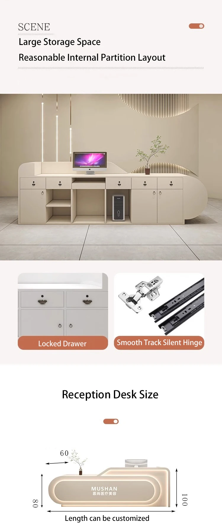 Futuristic Reception Desk Spa Modern White Fluted Curved