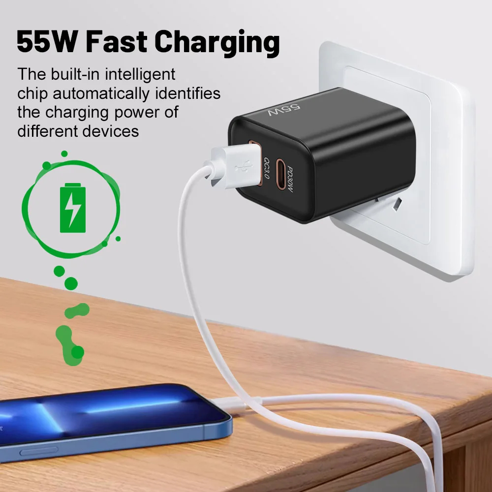 Custom Uk Us Eu Plug Home Use Dual Usb Port 5v 3a 55w Fast Charging ...